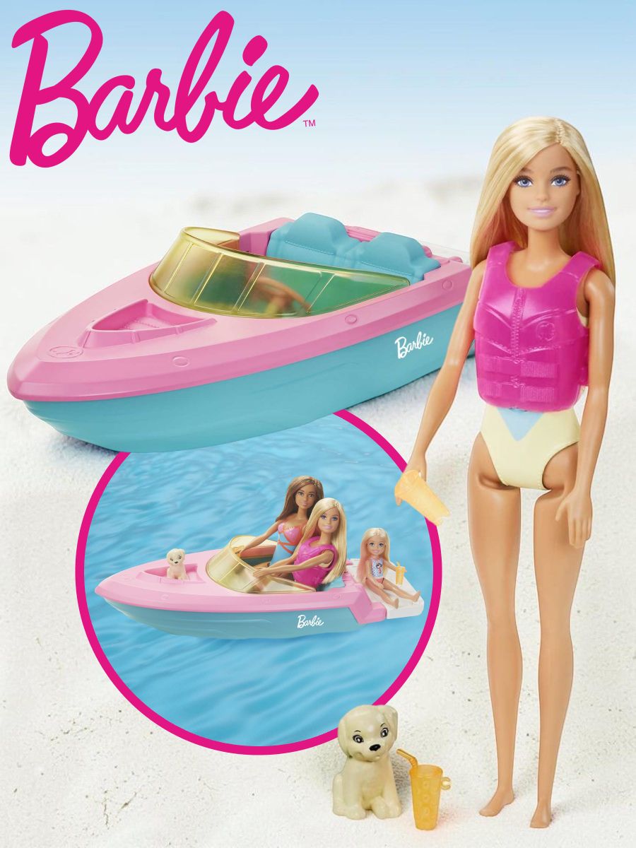 Barbie Mattel кукла блондинка Барби в купальнике с лодкой и питомцем GRG30