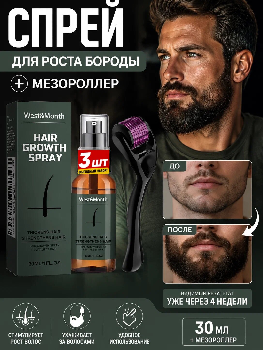 Набор для роста бороды спрей и микроигольчатый роллер уход густота и стимуляция роста волос 90 мл