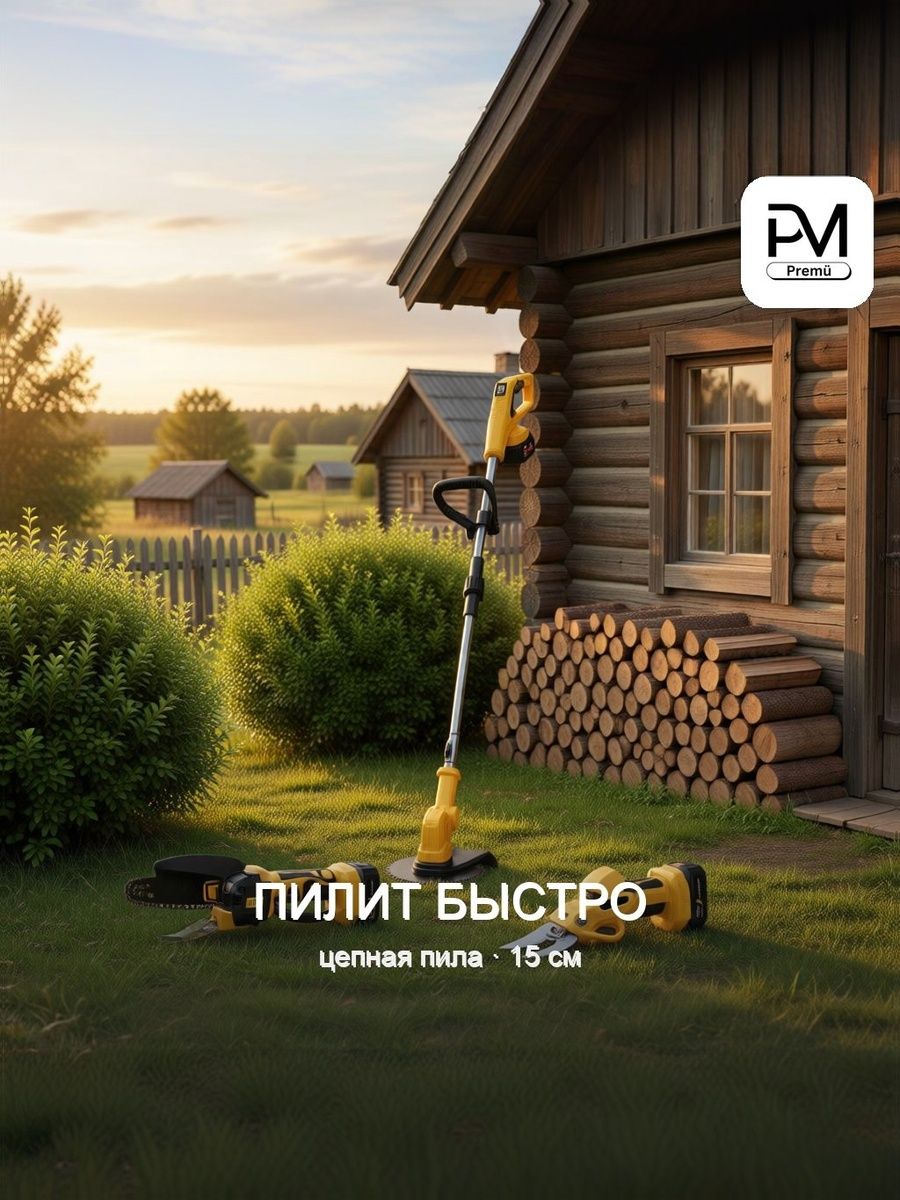 Premü Садовый набор 3-в-1 48В бесщеточный: секатор, цепная пила 6", триммер, 3 аккумулятора