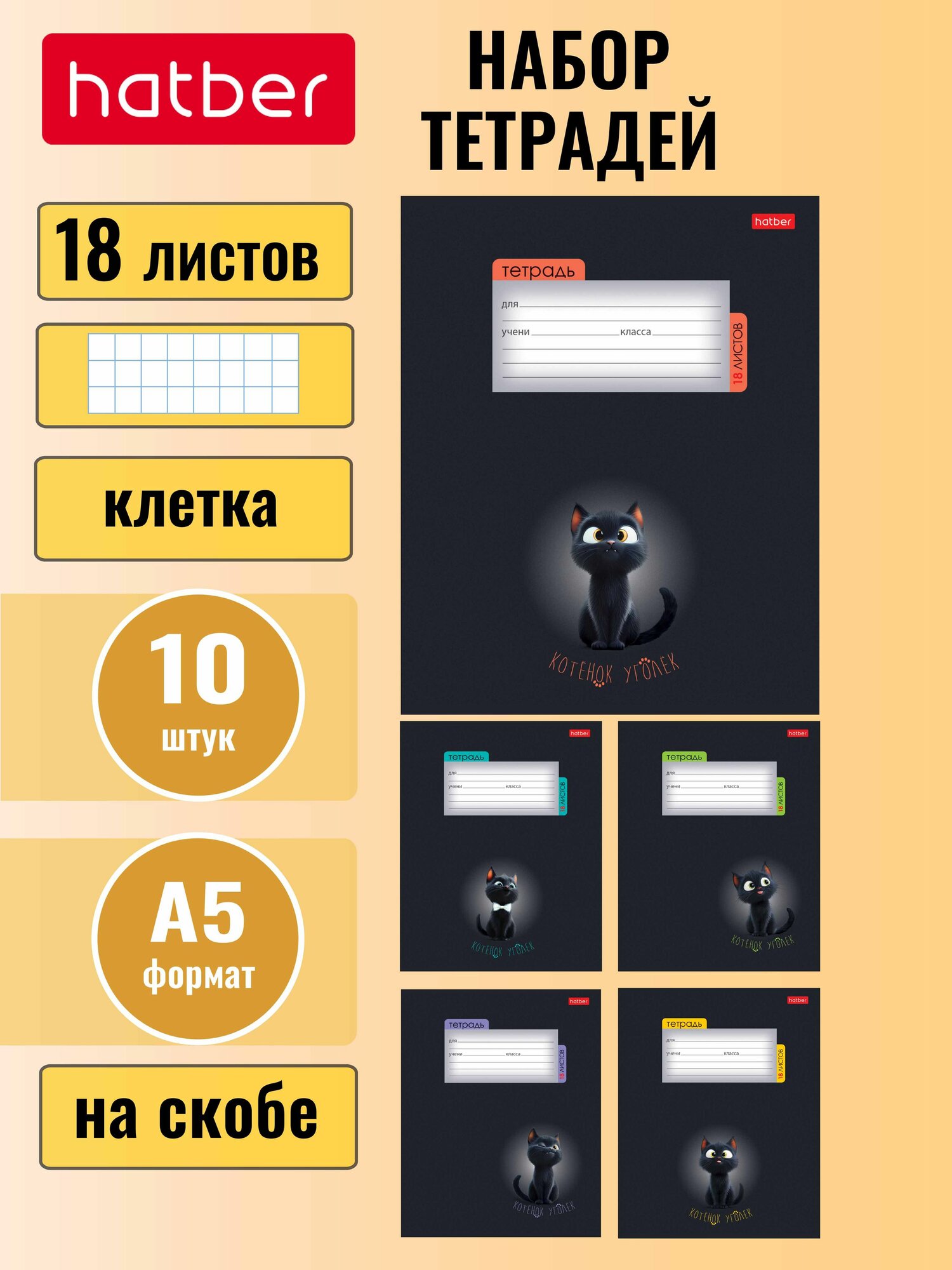 Набор тетрадей Hatber 10 штук/5 дизайнов, 18 листов, формата А5, в клетку, на скобе -Котенок уголек-