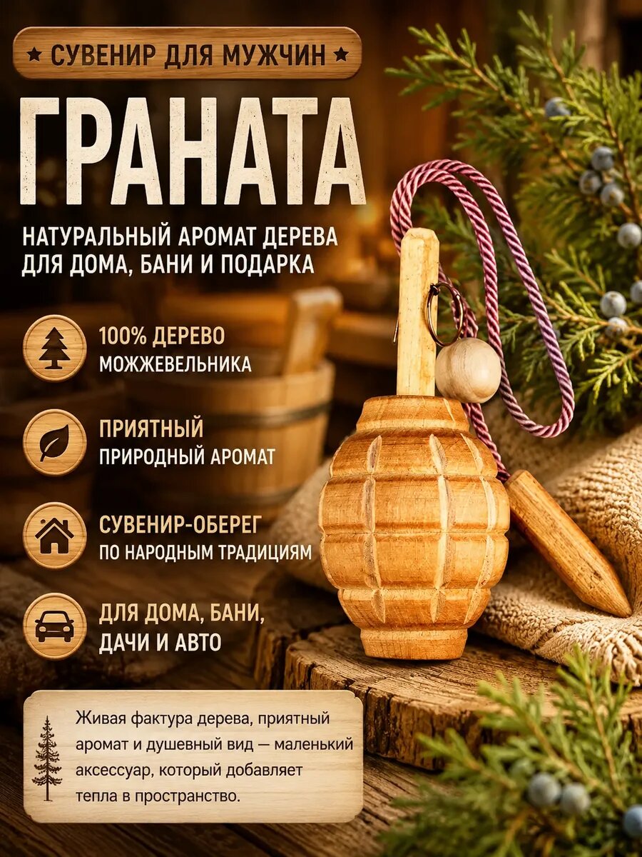 Мужской сувенир из дерева можжевельника - граната с патроном