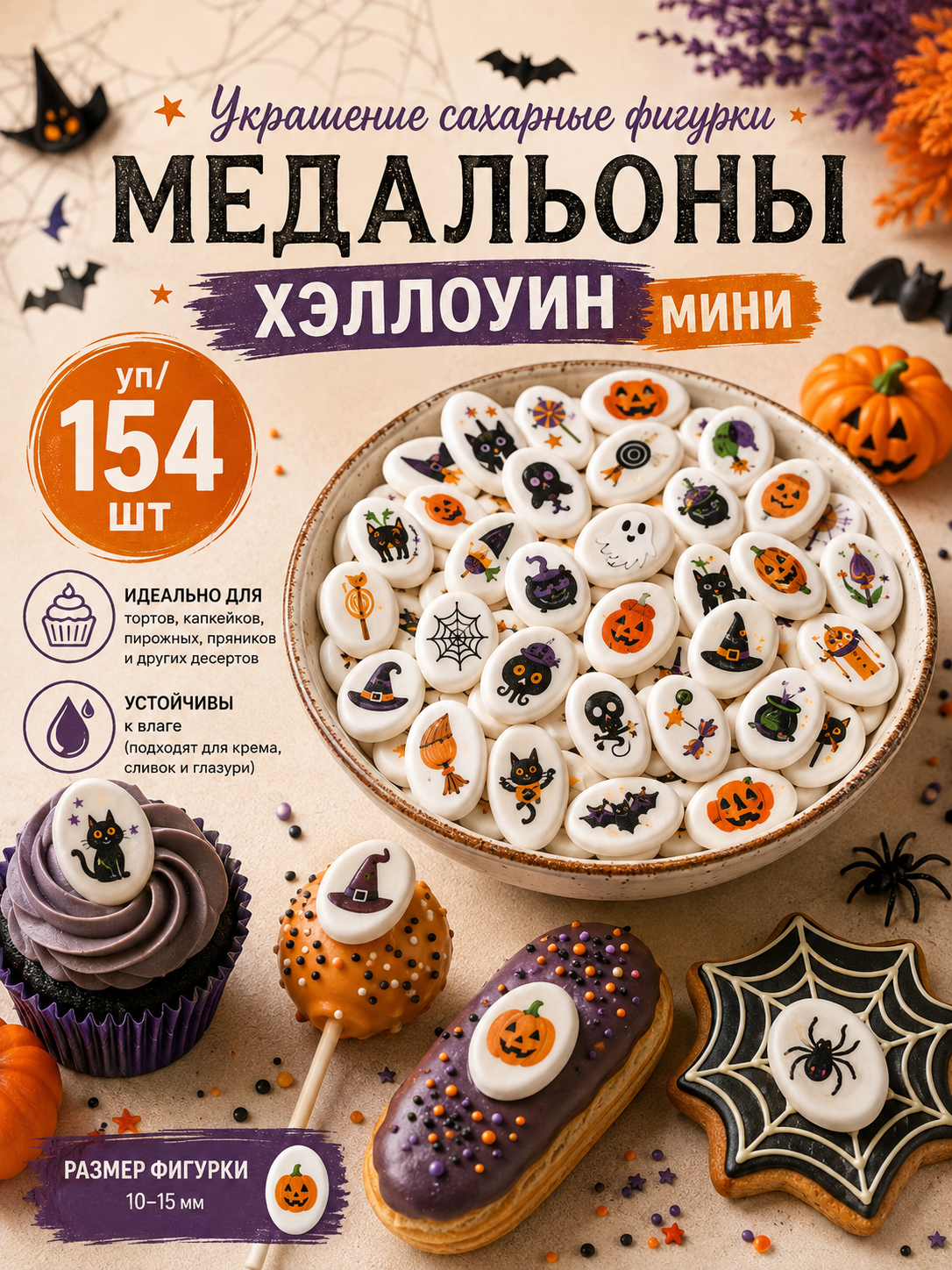 Медальоны сахарные Хэллоуин мини 65 г, 150 шт