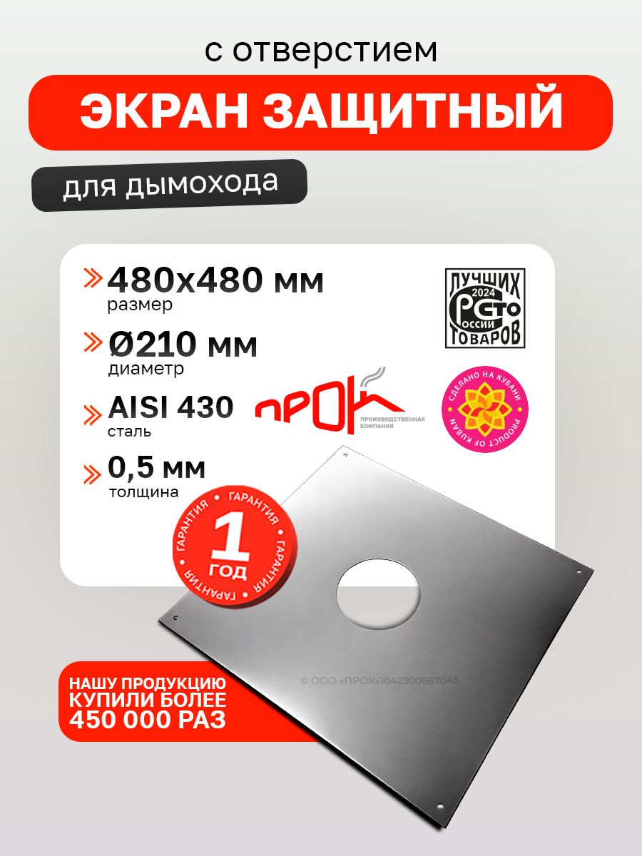 Экран защитный лист проходной 480x480 мм с отверстием D 210 мм (0,5/430) нерж "Прок"