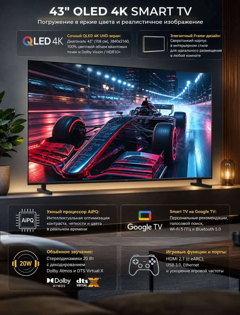 Телевизор TCL 43A400 Pro 43" QLED 4K UHD, Google TV, черный