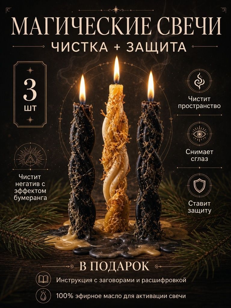 Свечи для чистки от негатива и защиты дома, магические восковые чёрные ритуальные скрутки с травами, набор 3 шт с маслом и инструкцией