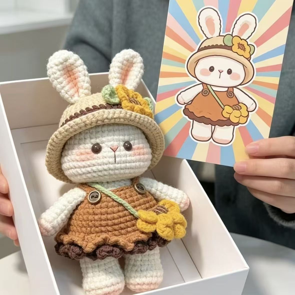 Набор для вязания крючком зайка подсолнух, DIY материалы 1шт + брелок, handmade амигуруми