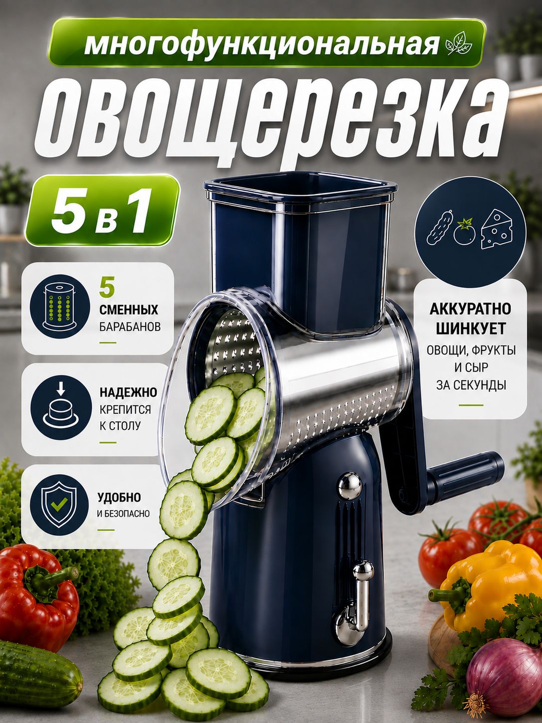 Мультислайсер для овощей и фруктов терка овощерезка механическая, 5 насадок