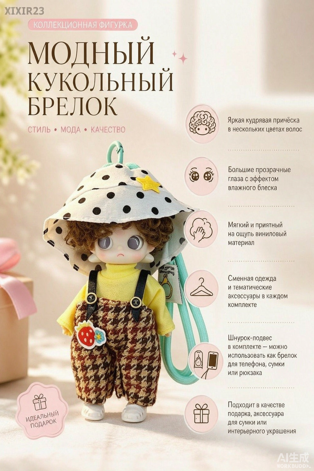 Костюм для куклы 14 см, Комбинезон в горошек и гусиную лапку, наряд с головным убором, одежда для куклы-модели