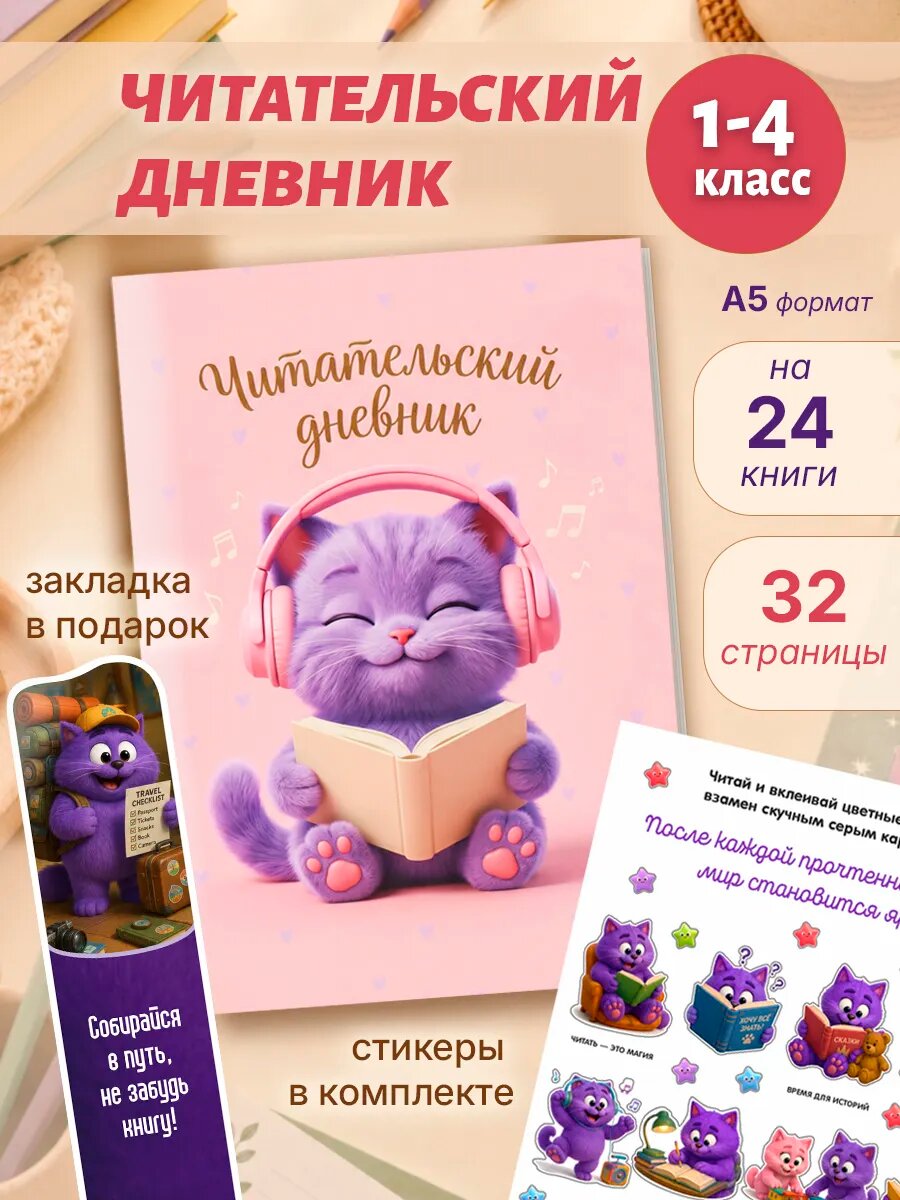 Читательский дневник в косую линию 1-4 класс с наклейками