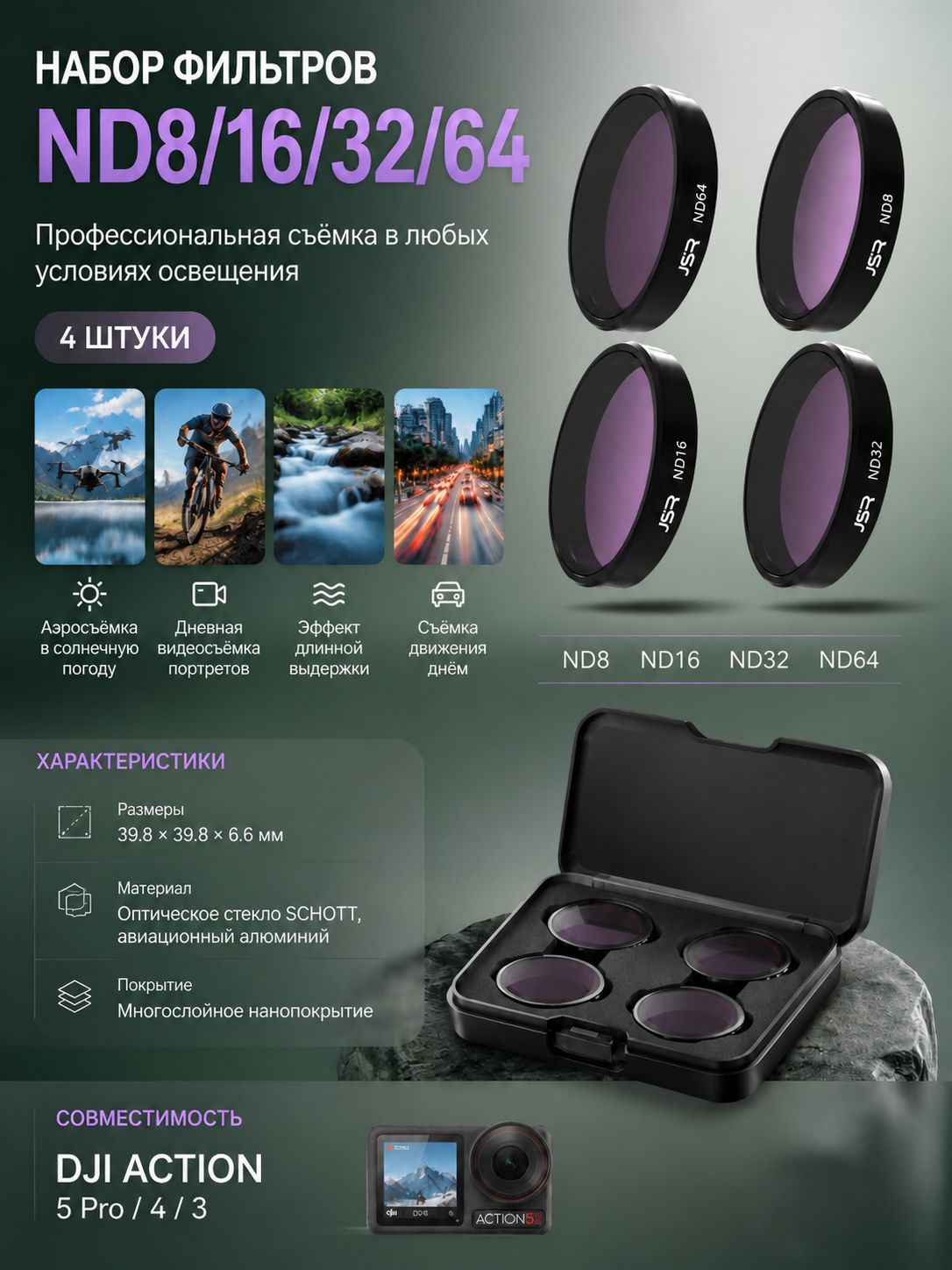 Набор из 4 фильтров для объектива 40,5mm(ND16, CPL, ND8, DN32)светофильтр