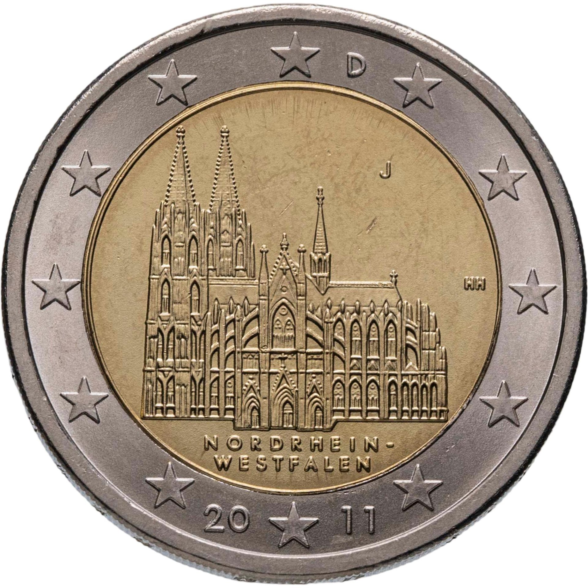 Германия 2 евро euro 2011 "Федеральные земли Германии - Кёльнский собор, Северный Рейн — Вестфалия", знак монетного двора "J" - Гамбург, Биметалл