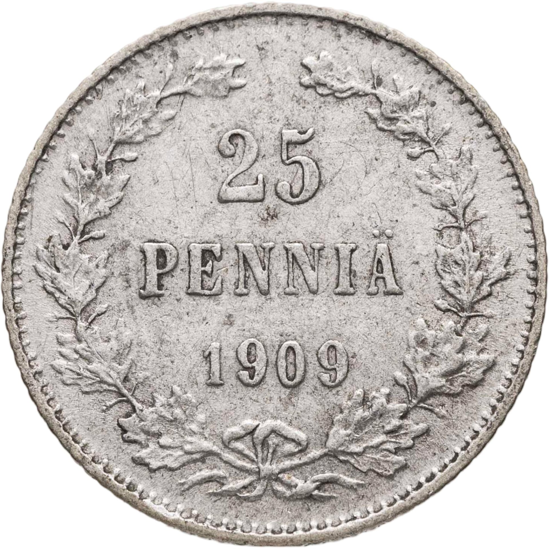 25 пенни 1909 L монета для Финляндии, Серебро 750, в сохранности VF