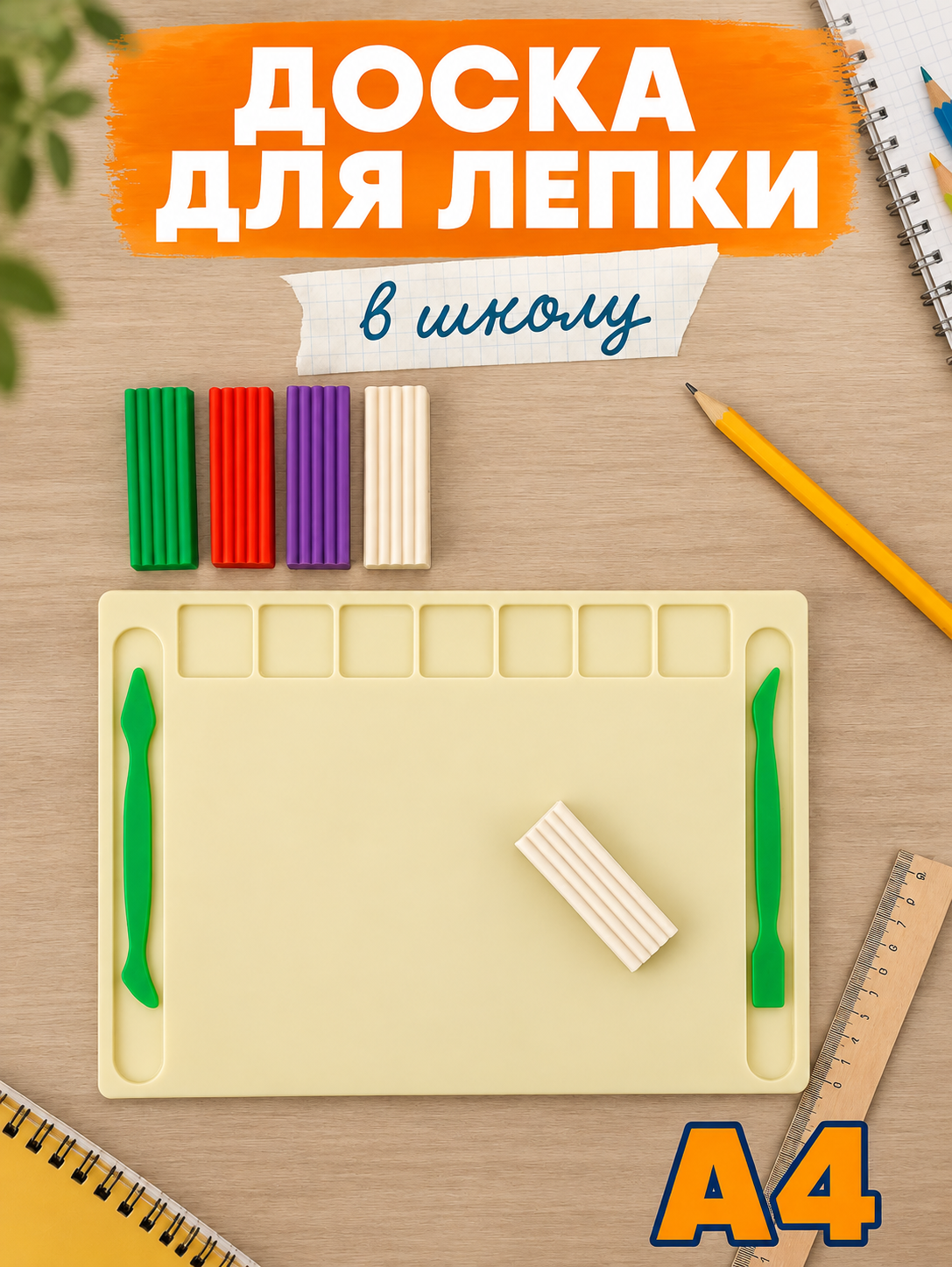 Доска школьная для лепки А4 с 2 стеками и отделениями для пластилина