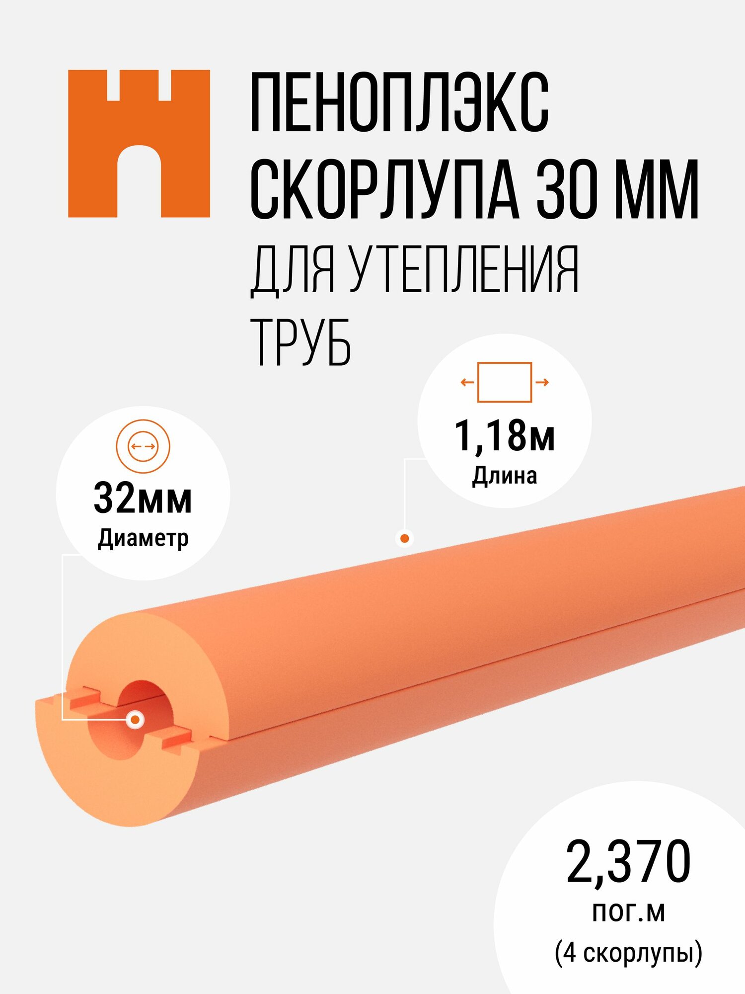 Утеплитель пеноплэкс для труб диаметром 32мм, скорлупа XPS 30мм, 2,37 пог. м, 4 скорлупы