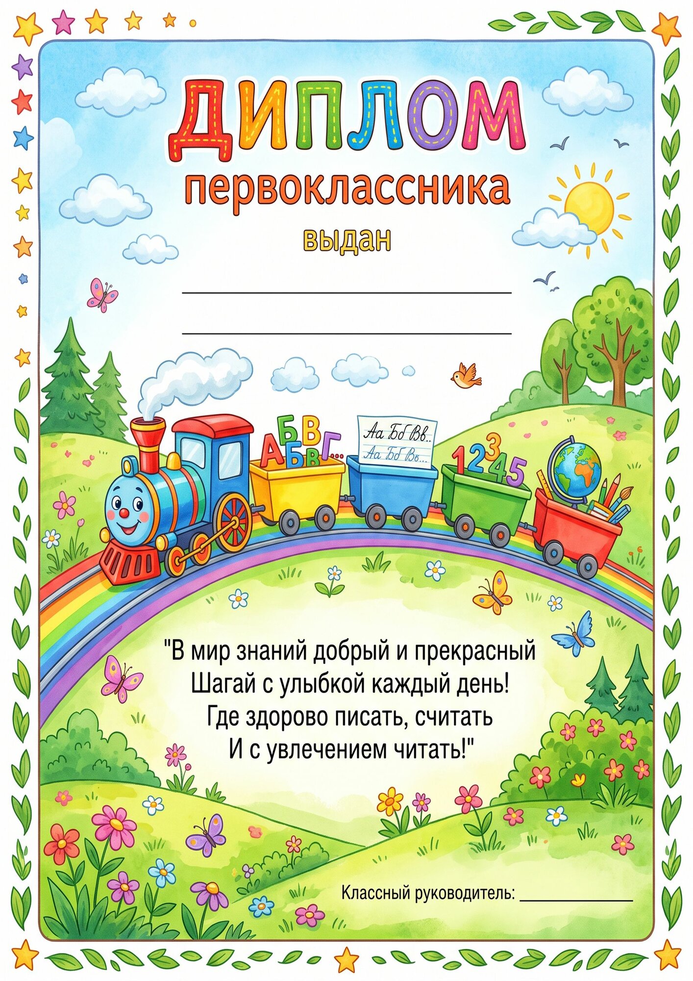 Диплом первоклассника А4 "Паровозик знаний" (Набор 5 шт. 230 г/м, глянец). Подарочная грамота ребенку на 1 Сентября и Посвящение в первоклассники