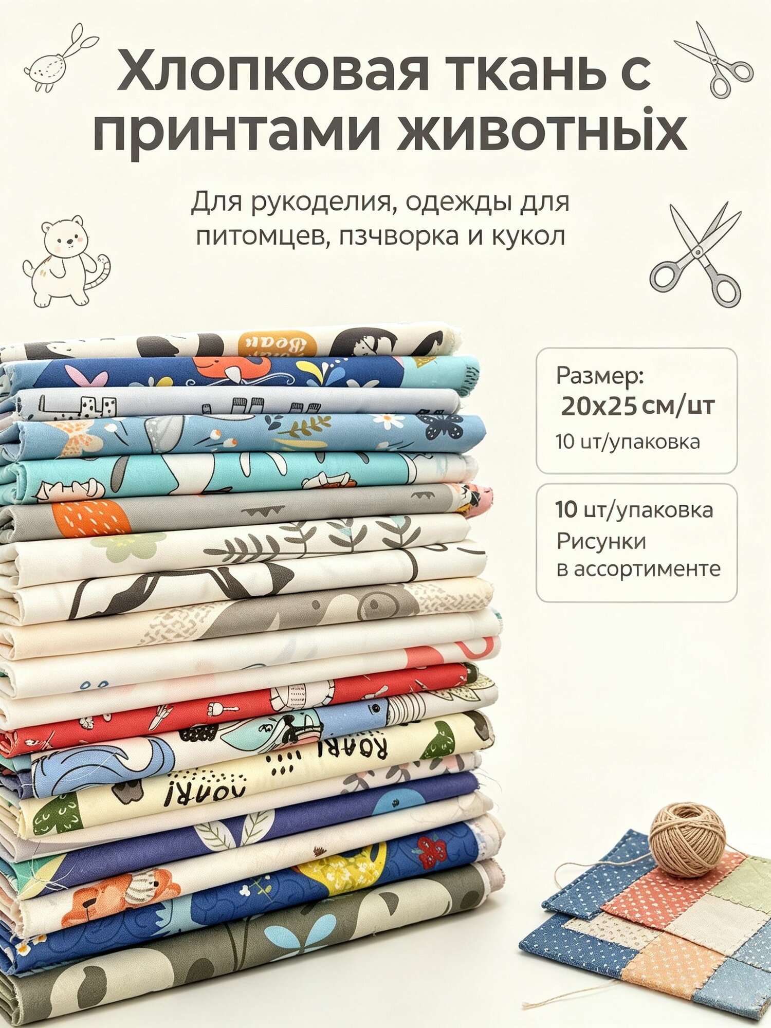 20x25cm Набор ткани 10 штук, хлопок сатен, цветочные и животные принты, лоскутная ткань для рукоделия, шитья кукол, пэчворка