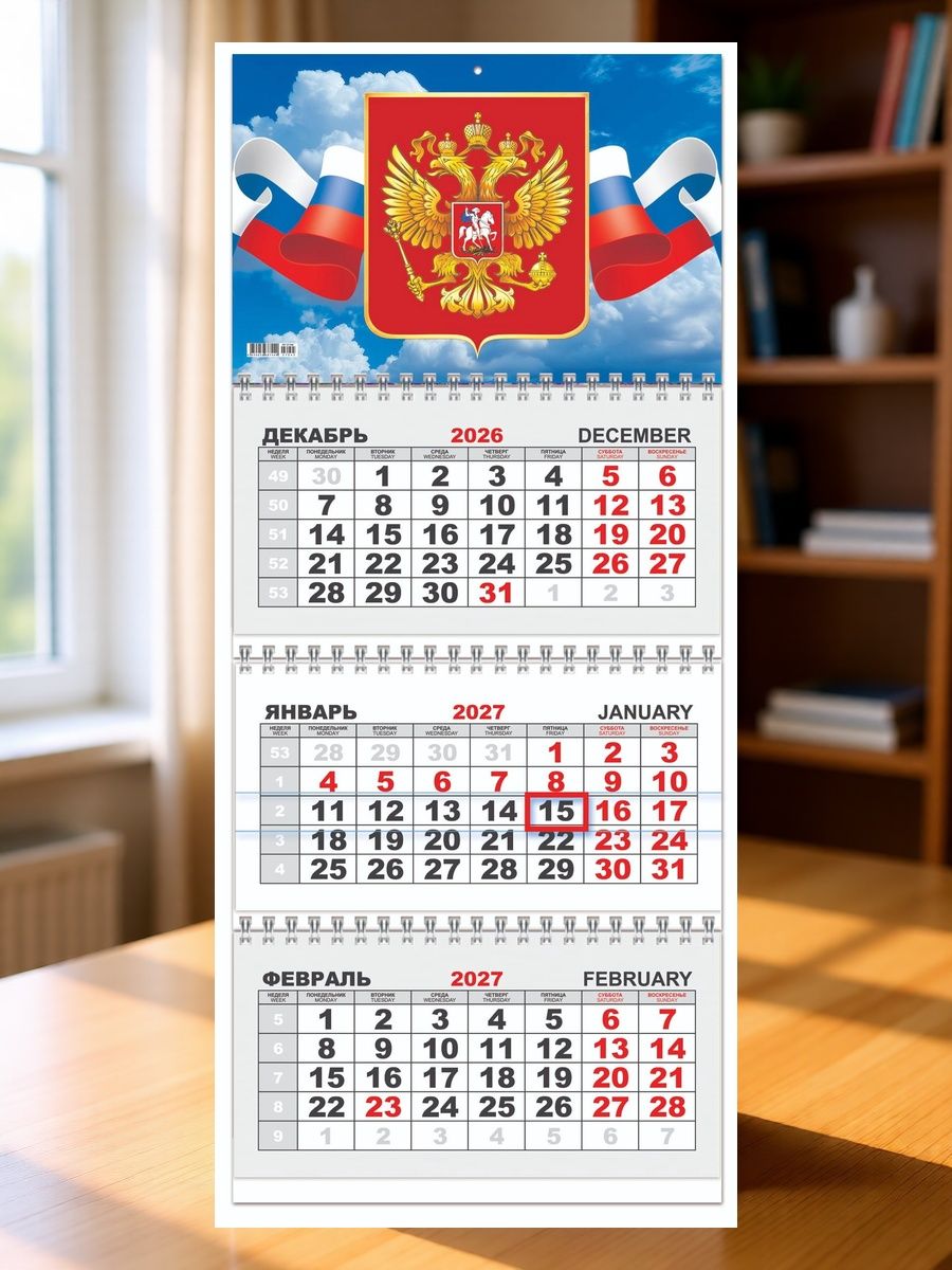 Календарь квартальный 3х блочный 295*660 мм, "Символика РФ", с бегунком, 2027 год