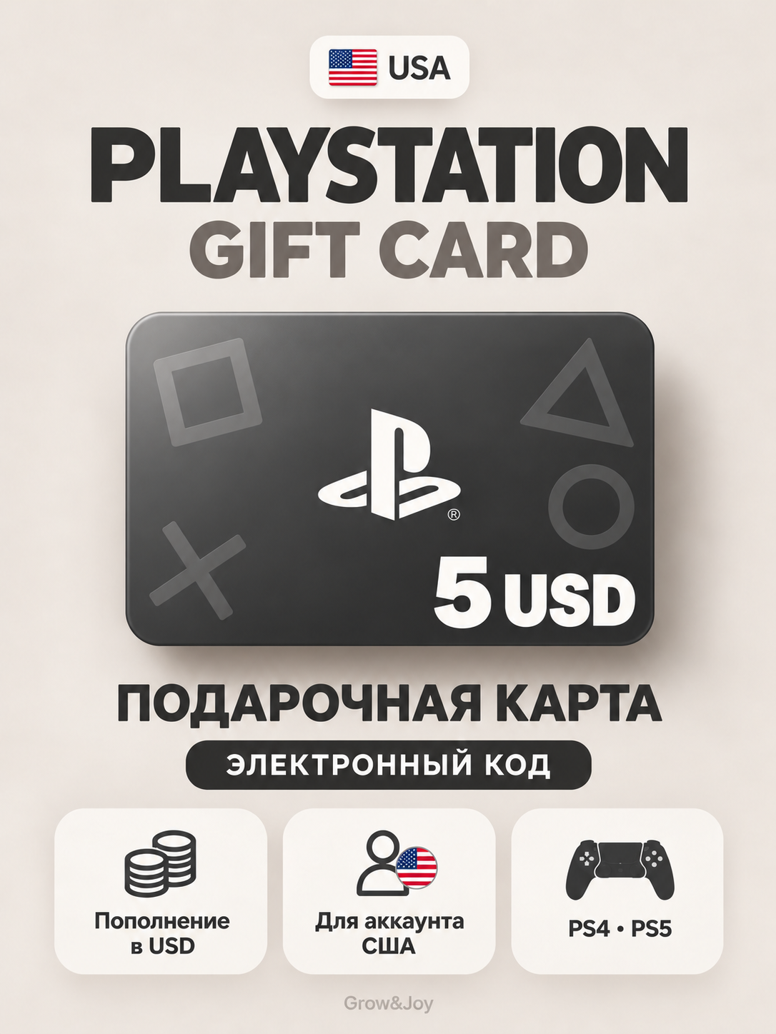 Подарочная карта пополнения Sony PlayStation Store США 5 USD — PSN USA для PS4 и PS5, цифровой код
