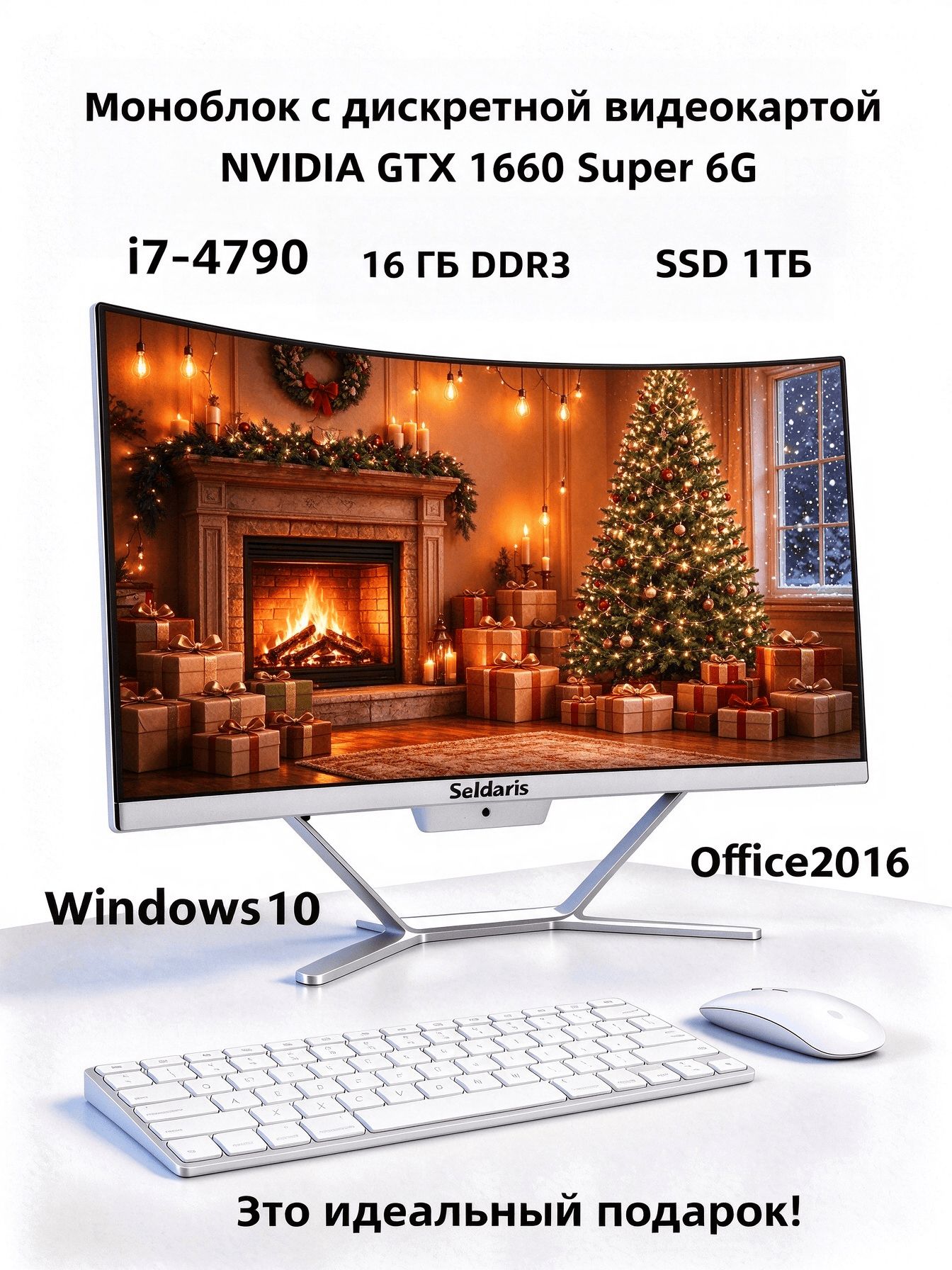 Моноблок Seldaris 27" изогнутый, Intel Core i74790, GTX1660 Super 6G, ОЗУ 16 ГБ DDR3, SSD 1 ТБ, Win11 25H2+Office2016, белый, вебкамера, колонки, беспроводная клавиатура и мышь в комплекте