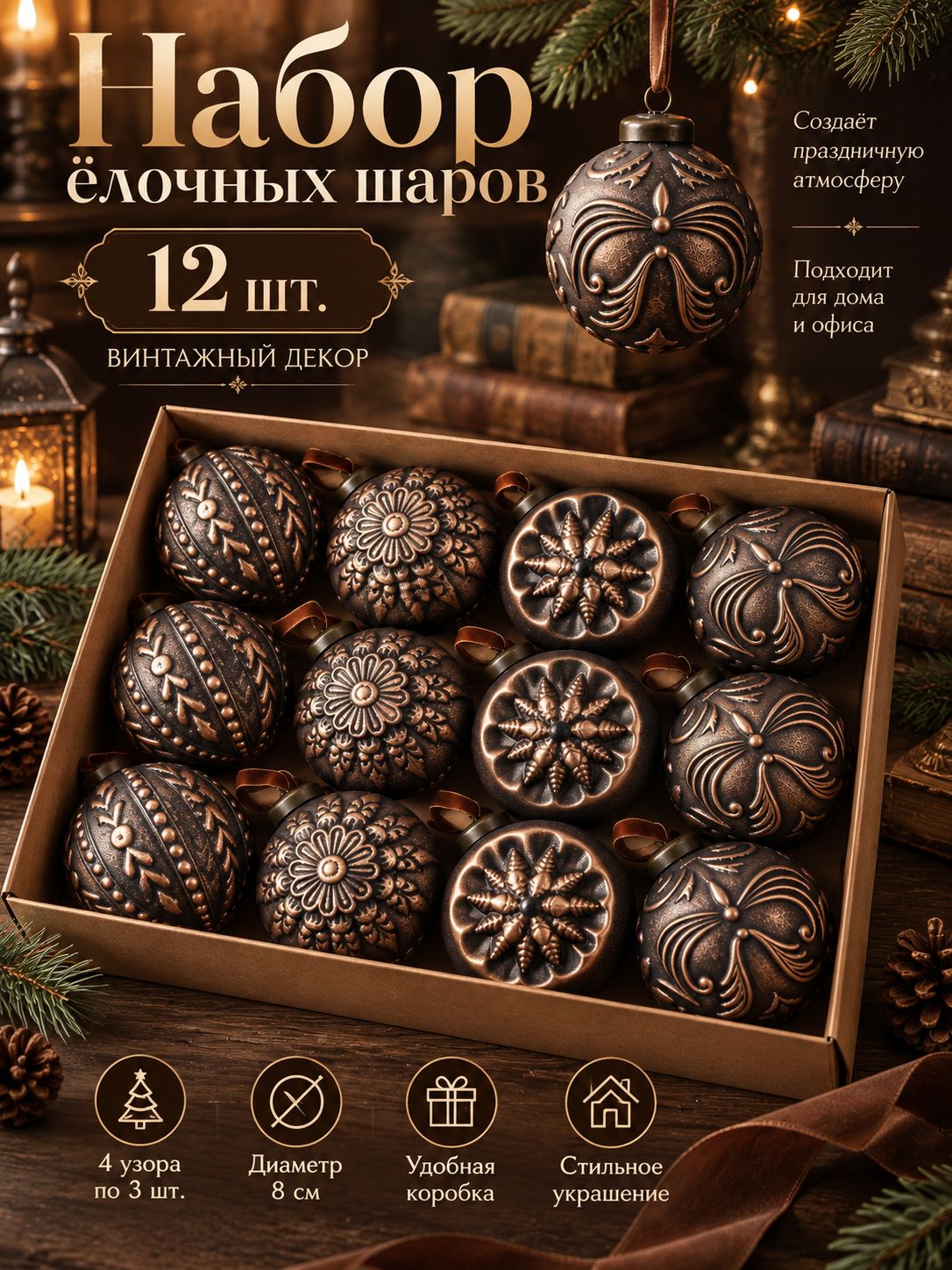 Елочный шар 8 см медь 12 шт, Артикул: 5871603590, Материал: Полистирол