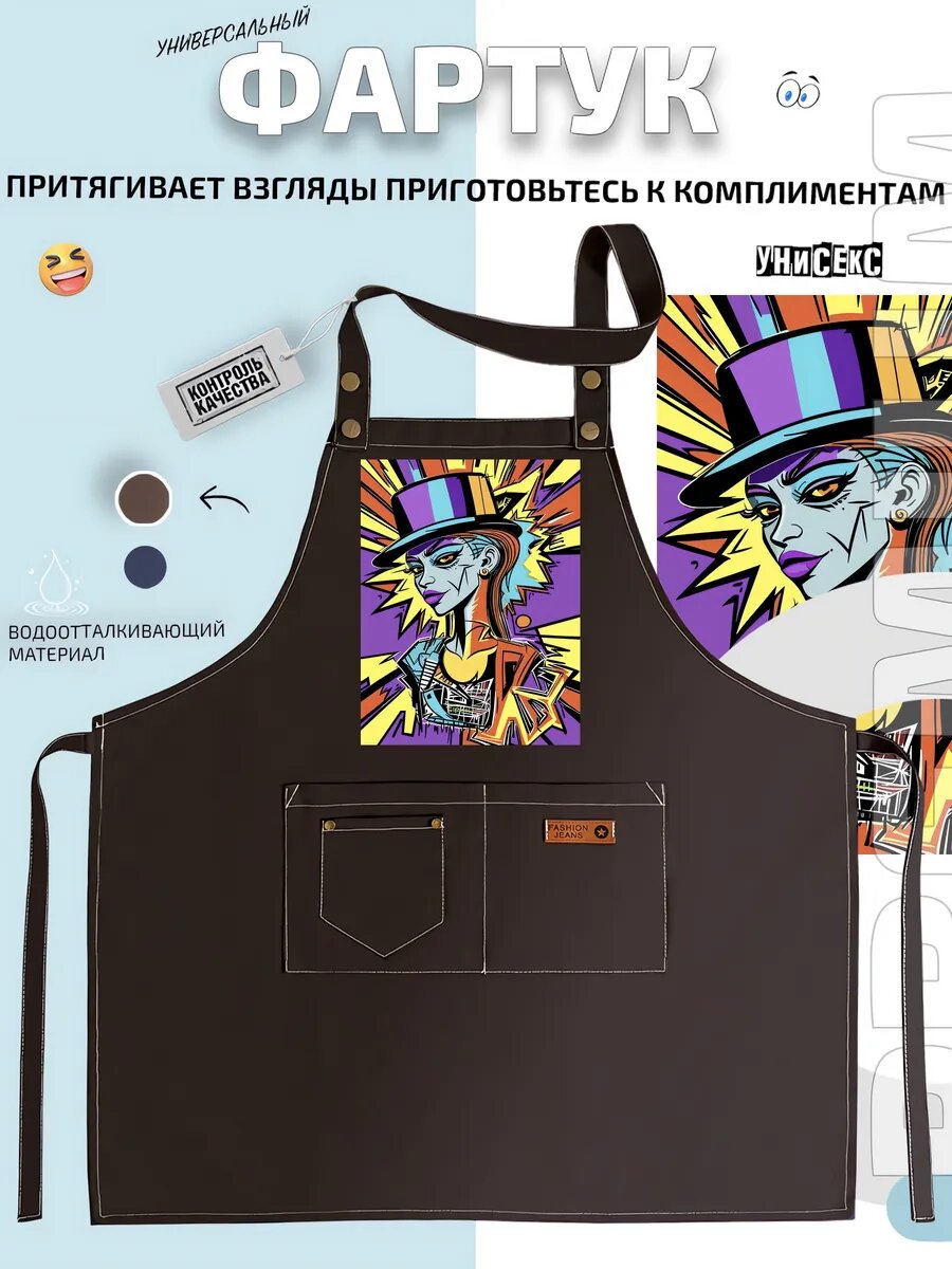 Фартук Девушка в цилиндре яркие цвета и абстракция кухонный с принтом универсальный