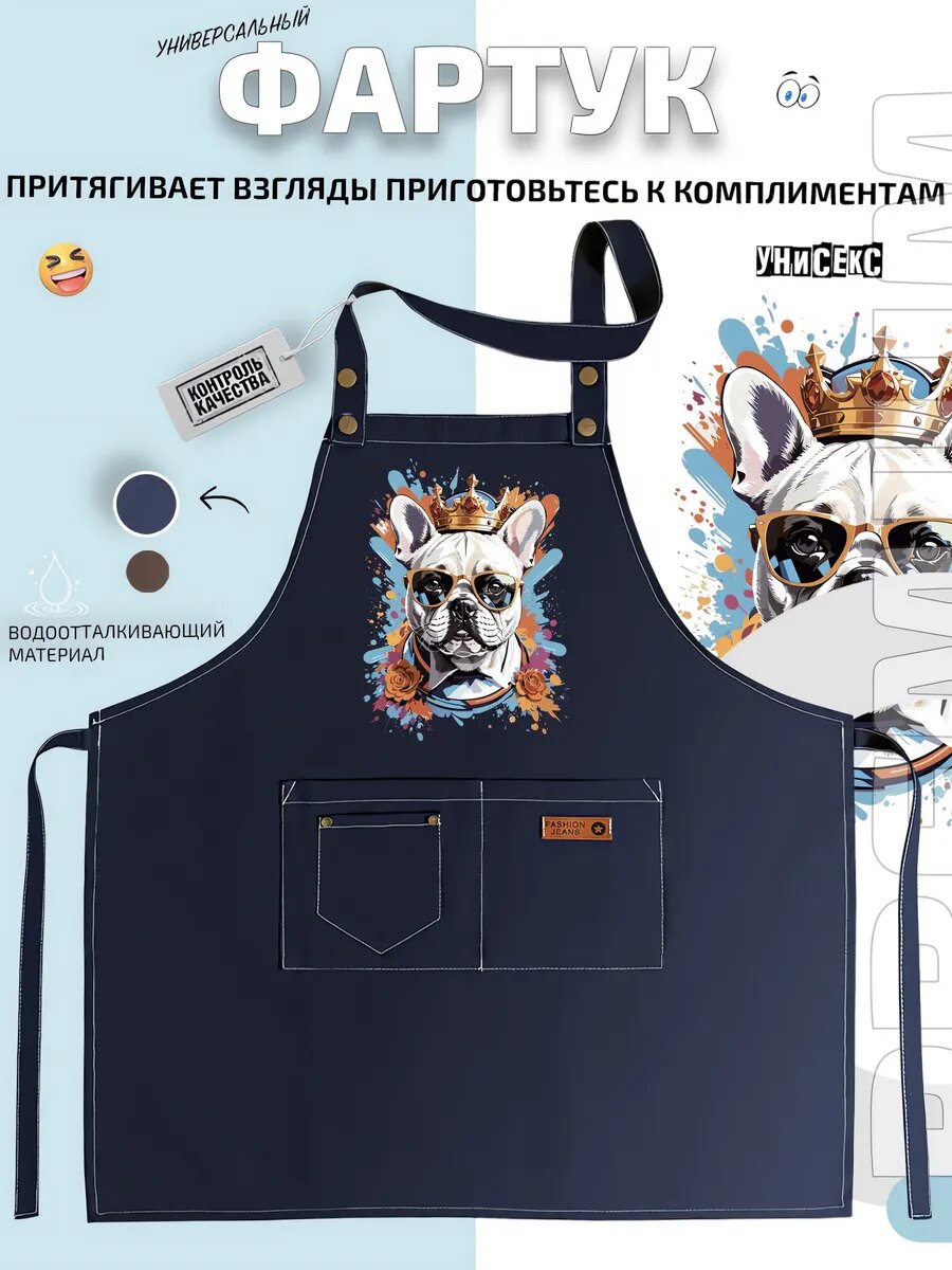 Фартук Французский бульдог French Bulldog корона очки розы кухонный с принтом универсальный