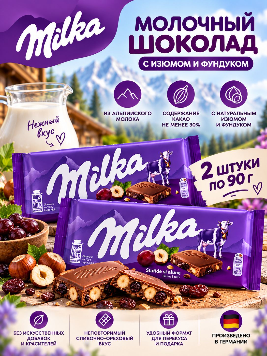 Шоколад молочный Милка с изюмом и фундуком 2 шт по 90 г