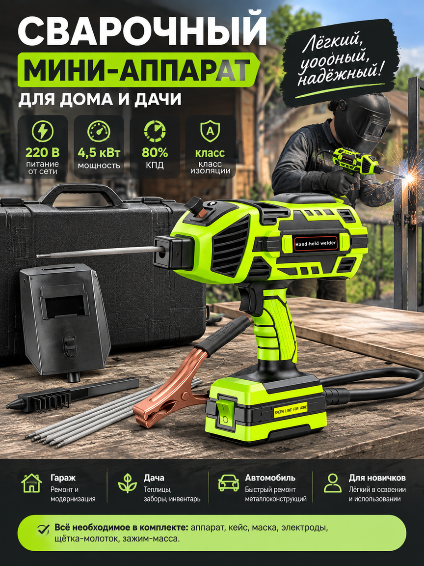 Сварочный мини-аппарат 220 В для дома: ручной выпрямитель с электродами, маской и кейсом, зелёный