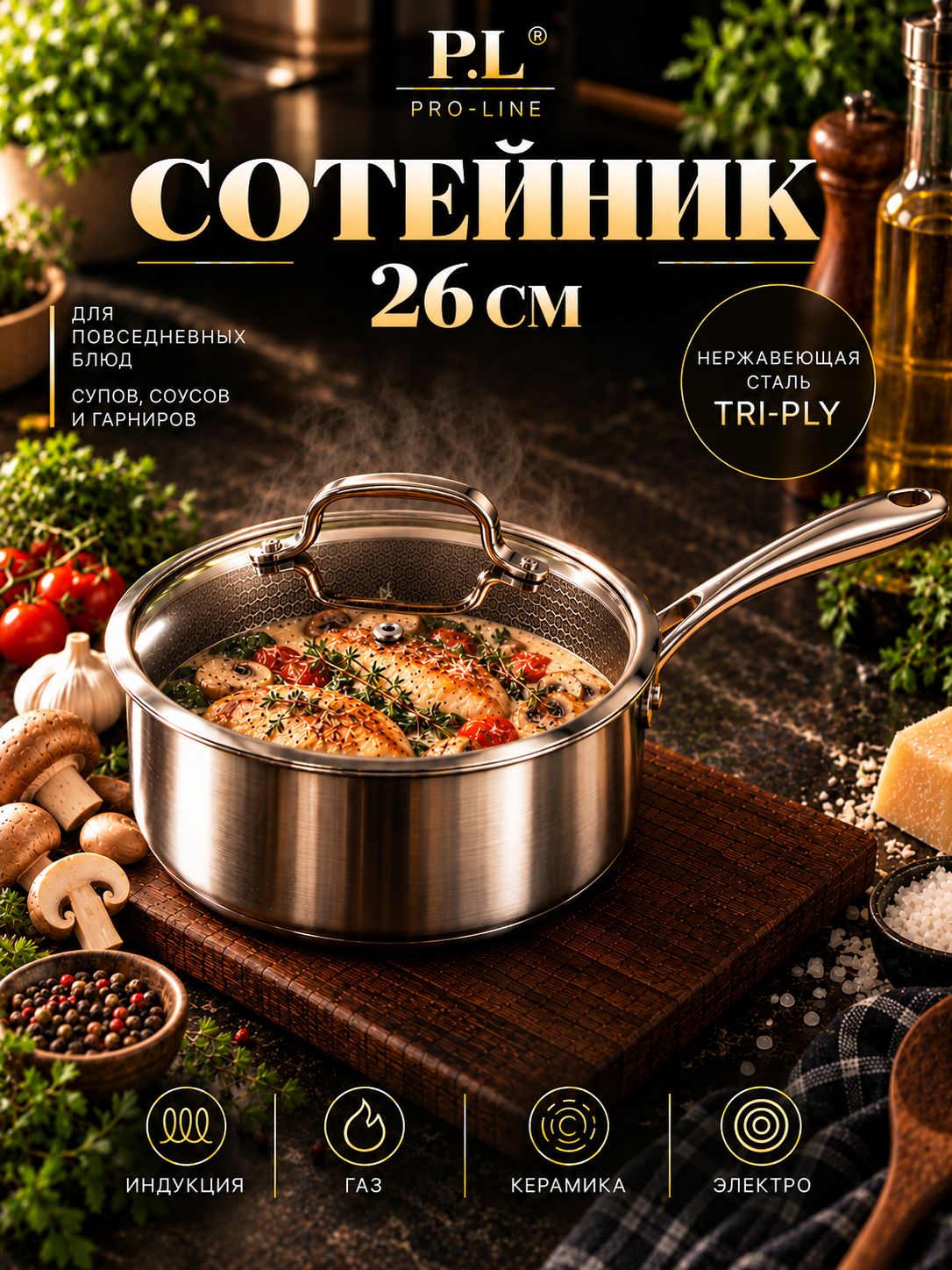 Сотейник антипригарный P.L. Proff Cuisine 26 см , с крышкой, TRI-PLY, Honeycombs, нержавеющая сталь, для индукции, профессиональный