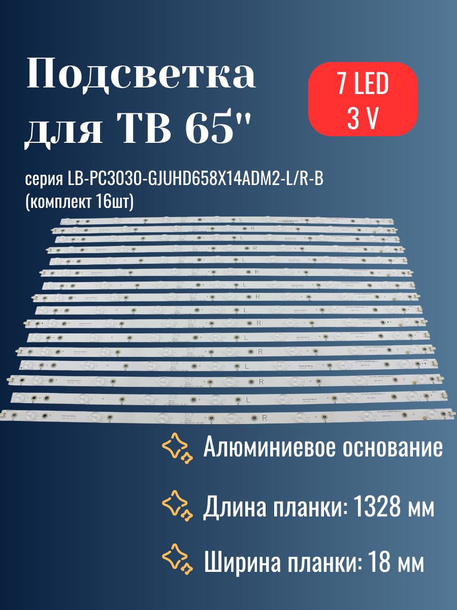 Светодиодная подсветка для телевизора ТВ/ TV диагональ 65" LB-PC3030-GJUHD658X14ADM2-L/R-B (комплект 16шт)