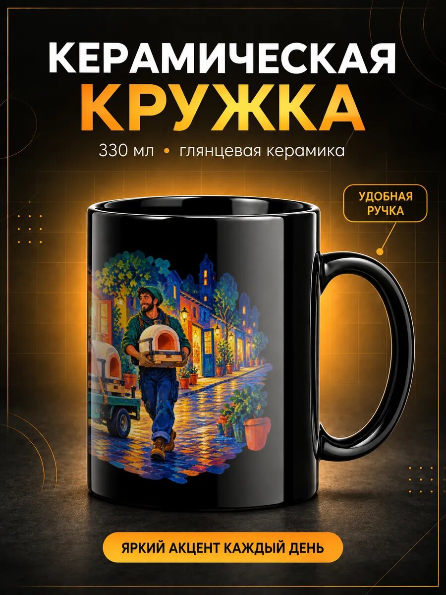 Кружка керамическая TOP CUP, Печи для улицы мастеров, чёрная, 330 мл