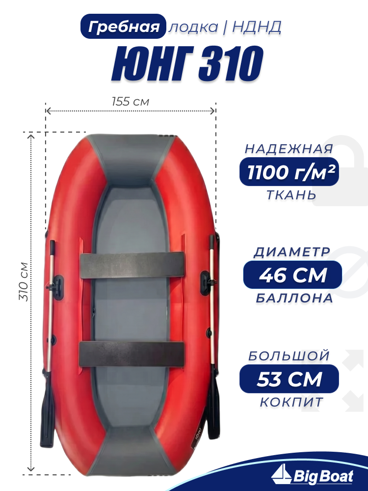 Гребная лодка Big Boat Юнг 310, армированный ПВХ, серая, 3 места, плоскодонная