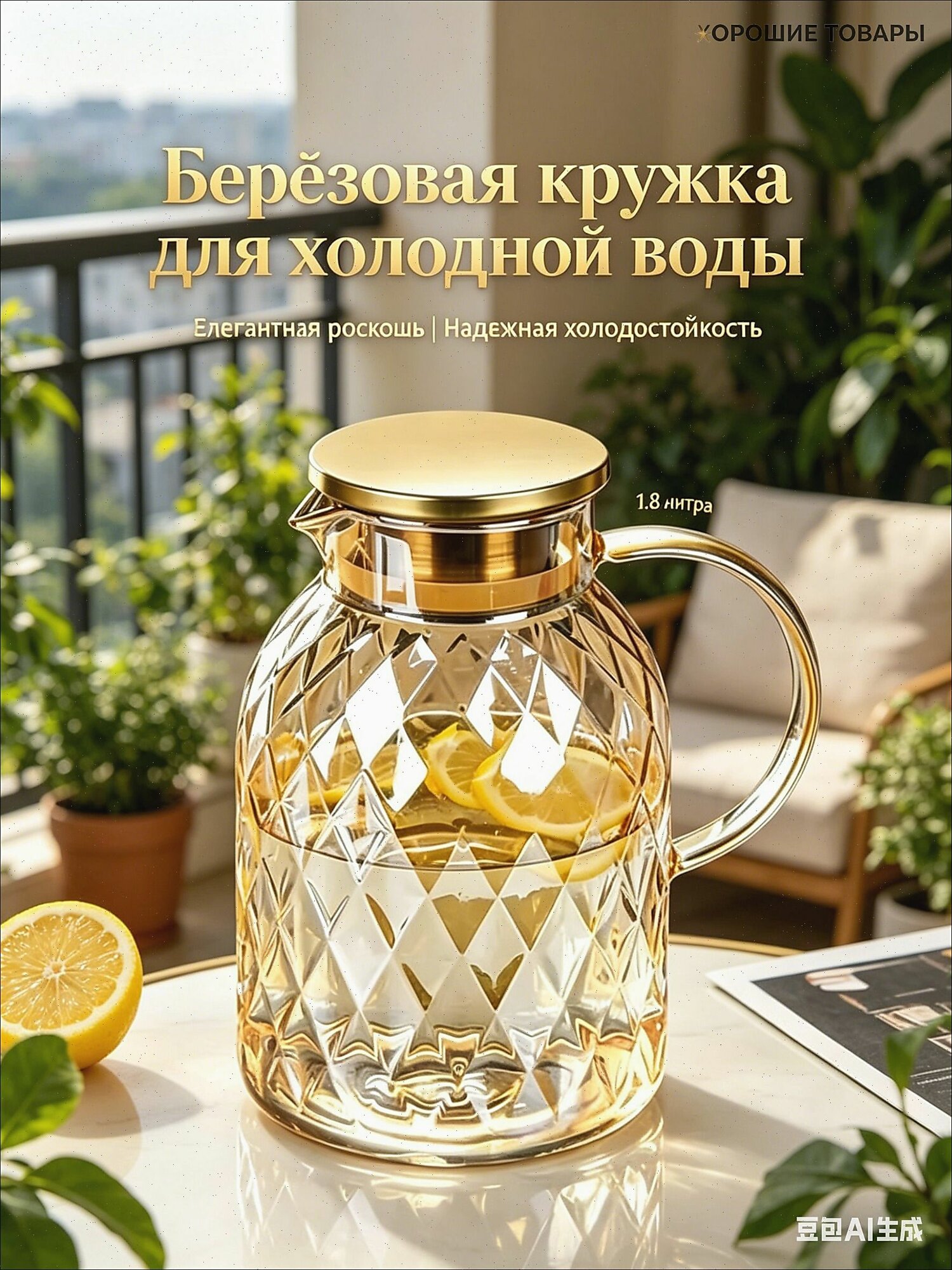 Кувшин "графин темное стекло с рисунком ромб с крышкой и фильтром", 1.8 л