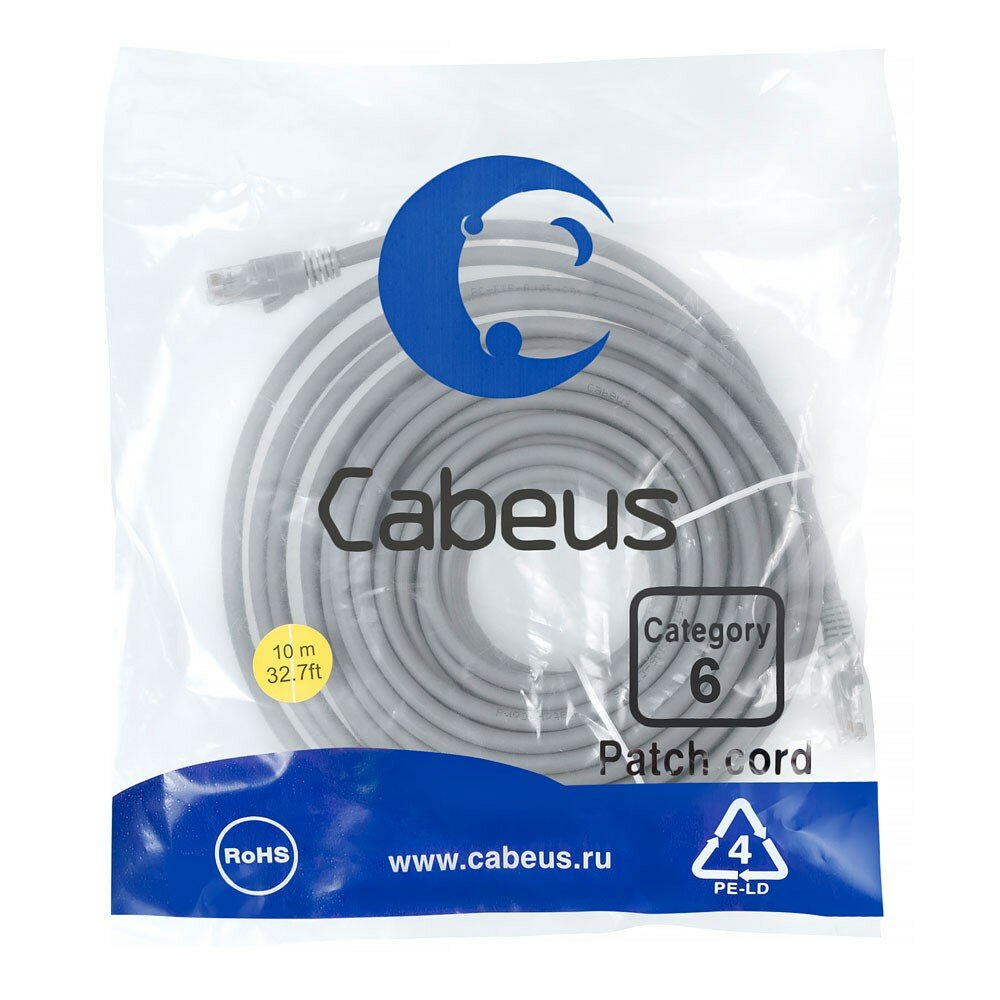 Патч-корд интернет кабель Cabeus PC-UTP-RJ45-CAT.6-10M-LSZH U/ UTP cat.6 10 м Серый