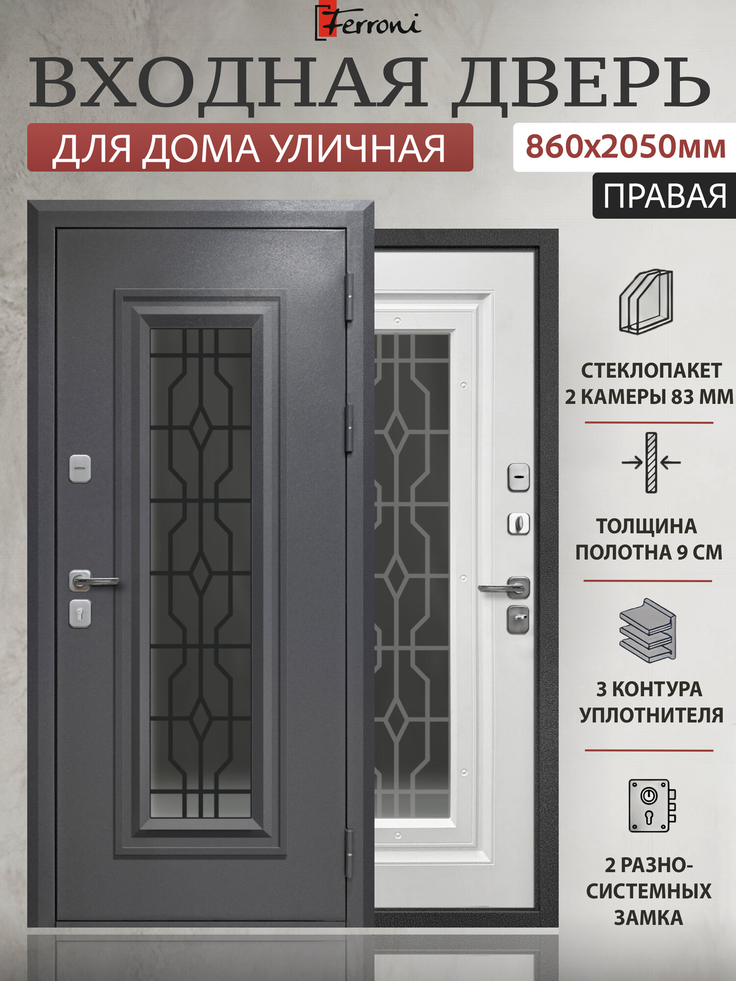 Входная дверь Ferroni 9 см Стеклопакет Букле Графит фигурная вставка (860мм) правая