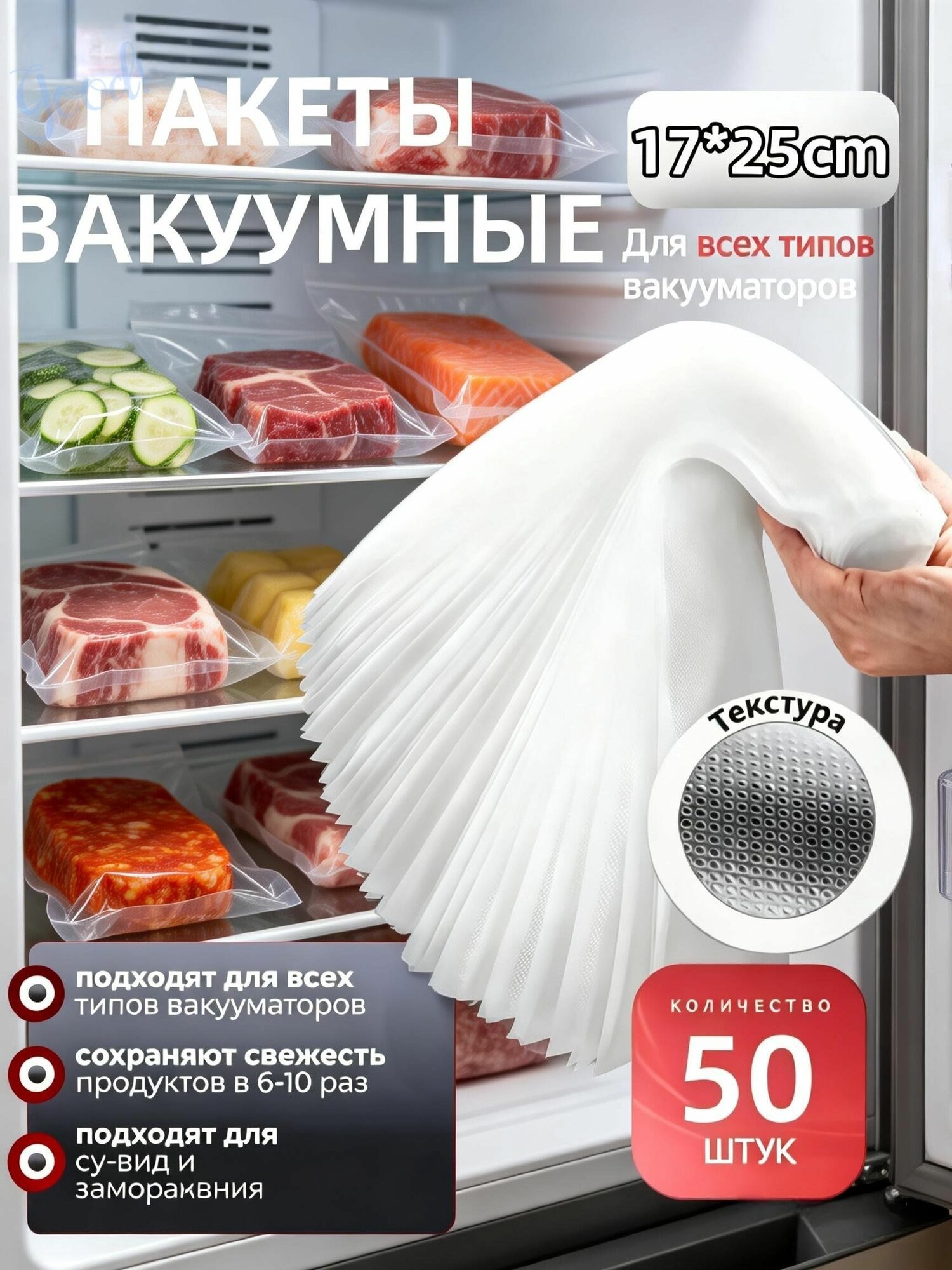 Рифленые вакуумные пакеты для хранения и заморозки продуктов. Прозрачные, размеры 17cm* 25cm По 50 штук в упаковке.1