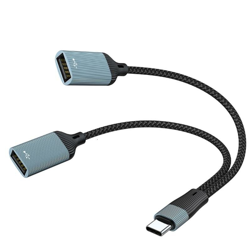 USB C разветвитель на два порта, алюминий, оплетка, 2 Разъема USB Female