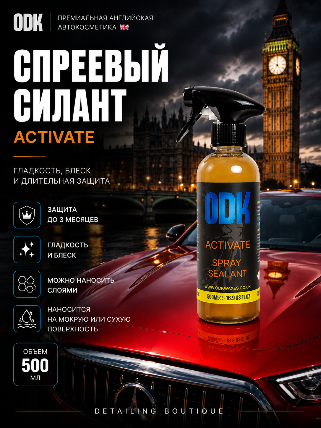 Спреевый силант ODK Activate, 500мл/ для придания гладкости и блеска ЛКП