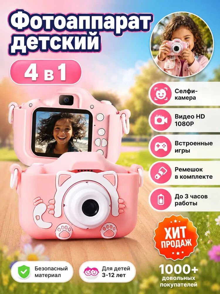 Фотоаппарат детский, Розовая кошка, Отличный подарок для девочек