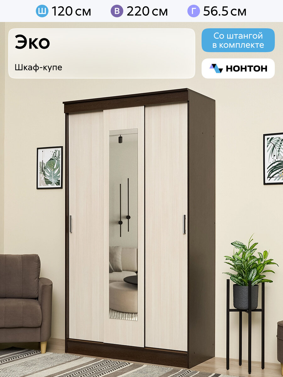 Шкаф-купе для одежды Нонтон Эко, 120x56x220 см, 1 зеркало, венге / лоредо