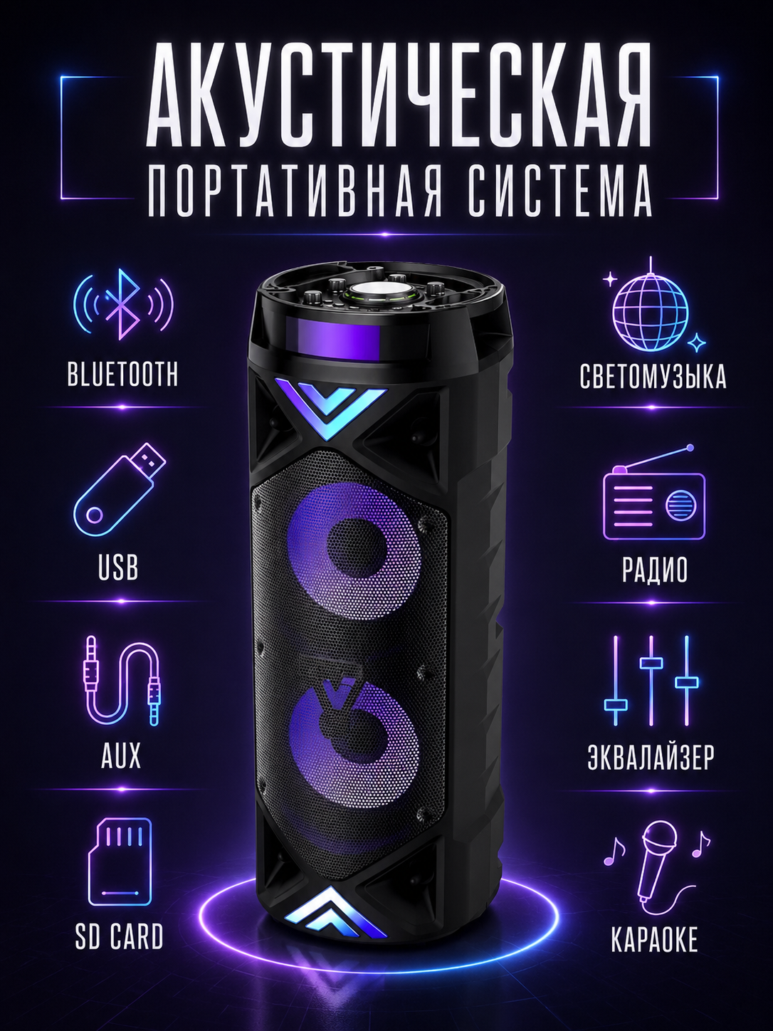 Колонка 6201 Bluetooth, Беспроводная с микрофоном и караоке, Акустическая система, Черный