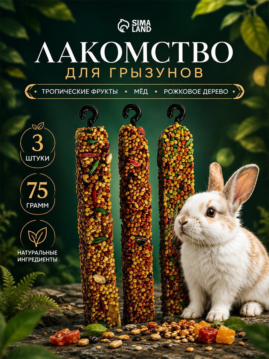 Палочки Seven Seeds Эконом для грызунов, тропические фрукты/мёд/рожковое дерево, 3 шт, 75 г