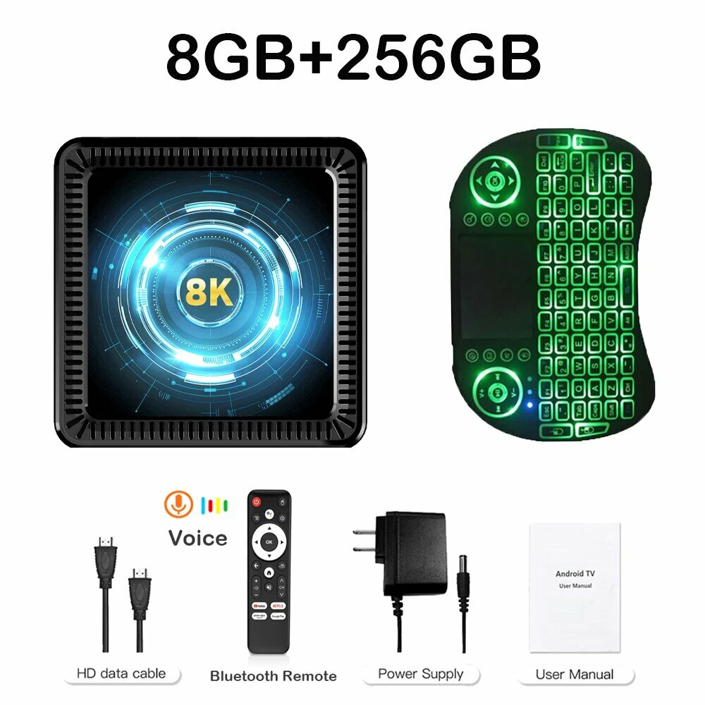 Android TV приставка BLKJ H618 32/64/128/256 ГБ Зеленый, EU Plug, 8G 256G Keyboard