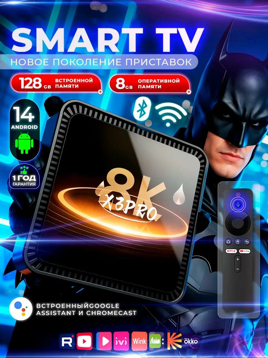 Смарт ТВ приставка для телевизора, Nerra, 8/128 Gb, медиаплеер Android 14