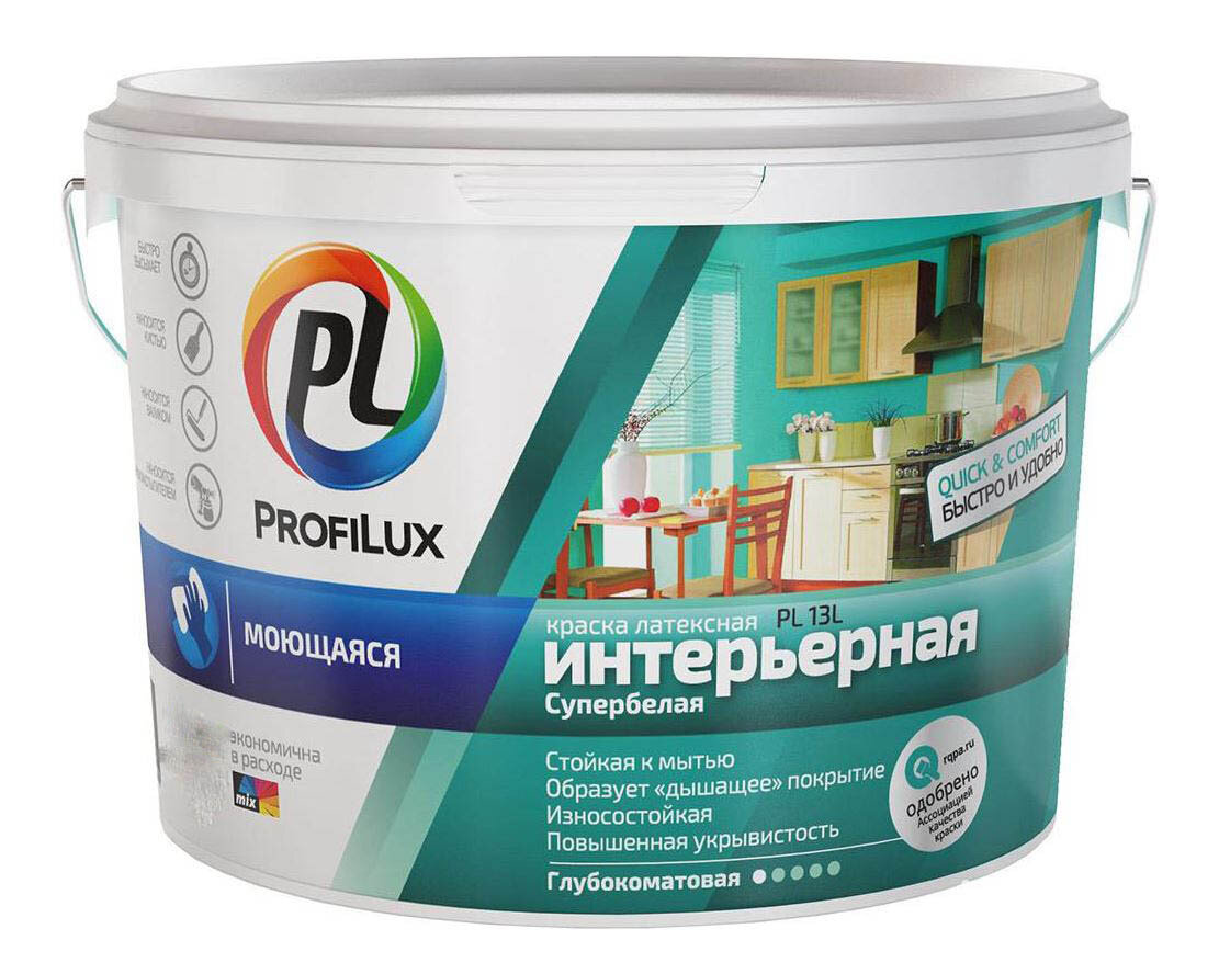 Краска для стен и потолков для влажных помещений латексная Profilux PL-13L глубокоматовая супербелая база 1 14 кг.