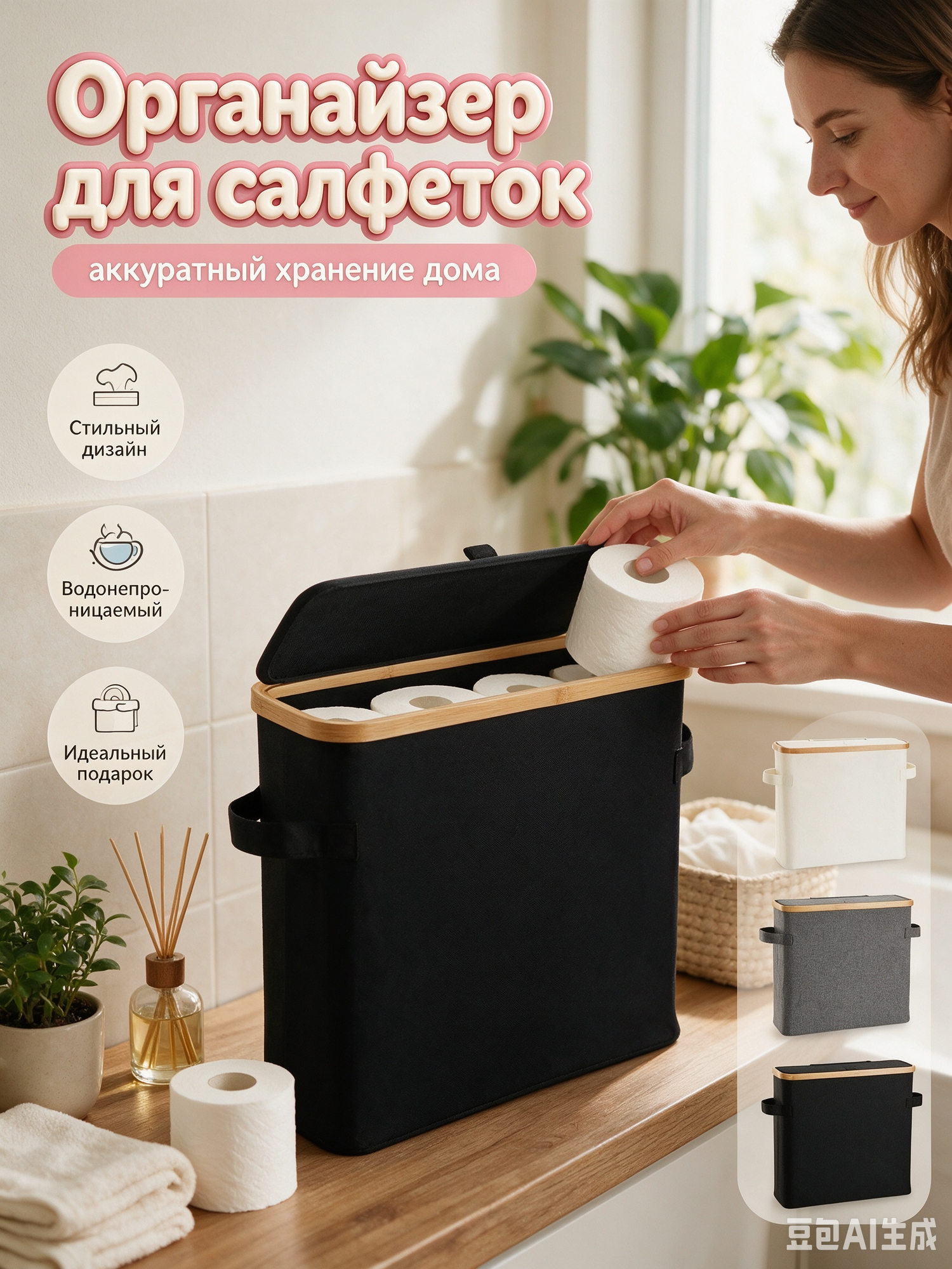 Корзина для хранения туалетной бумаги с крышкой, тканевая корзина с бамбуковой рамкой 45х17х35 см, Anderlen