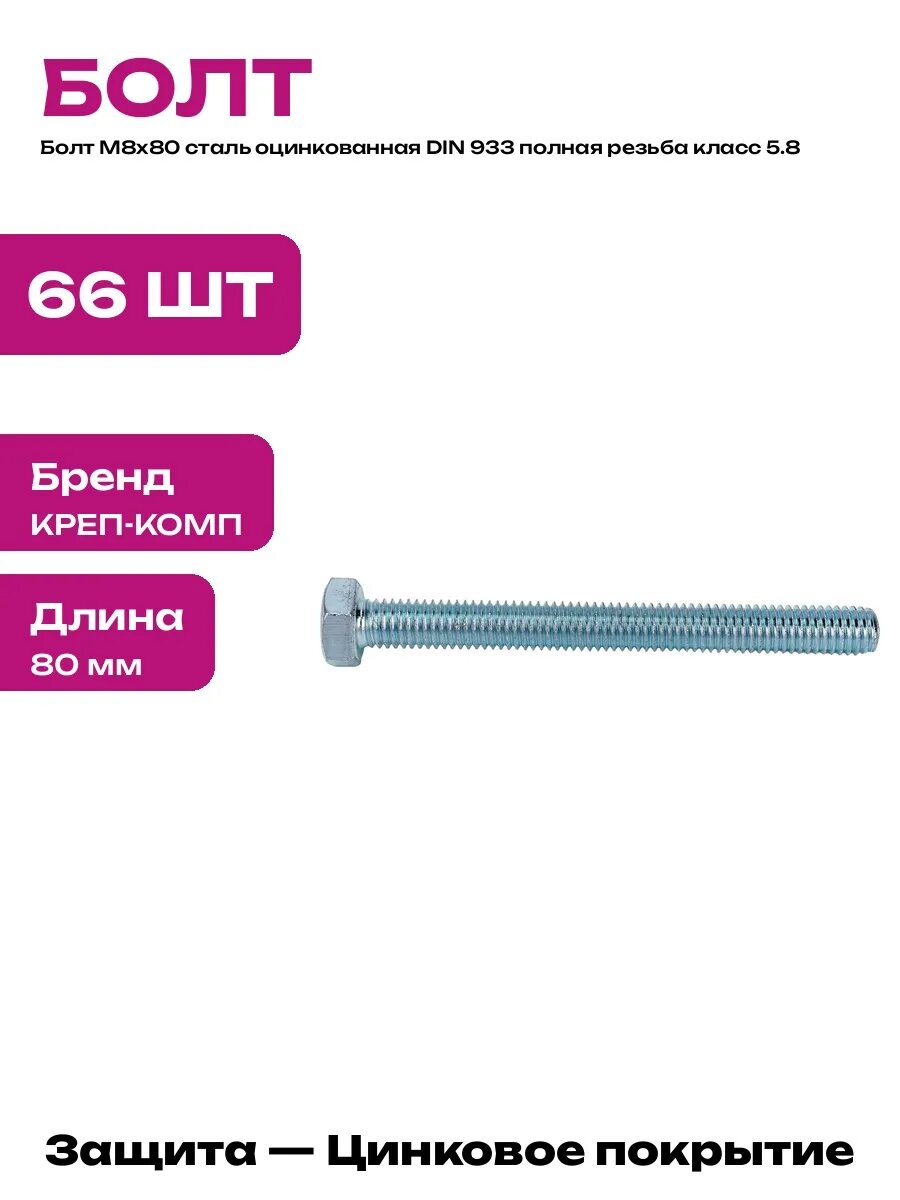 Болт шестигранный DIN 933 М8 80 мм оцинкованный 66 штук