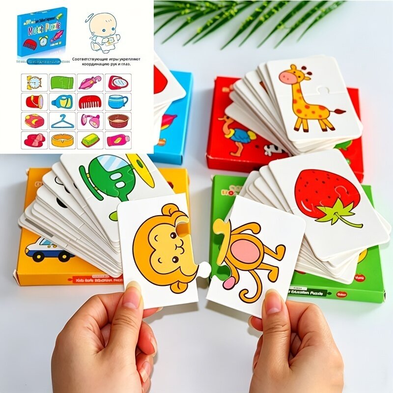 Развивающая игра на память для детей от 2 лет, 16 карточек-пазлов: животные, овощи, фрукты, еда, транспорт и предметы быта