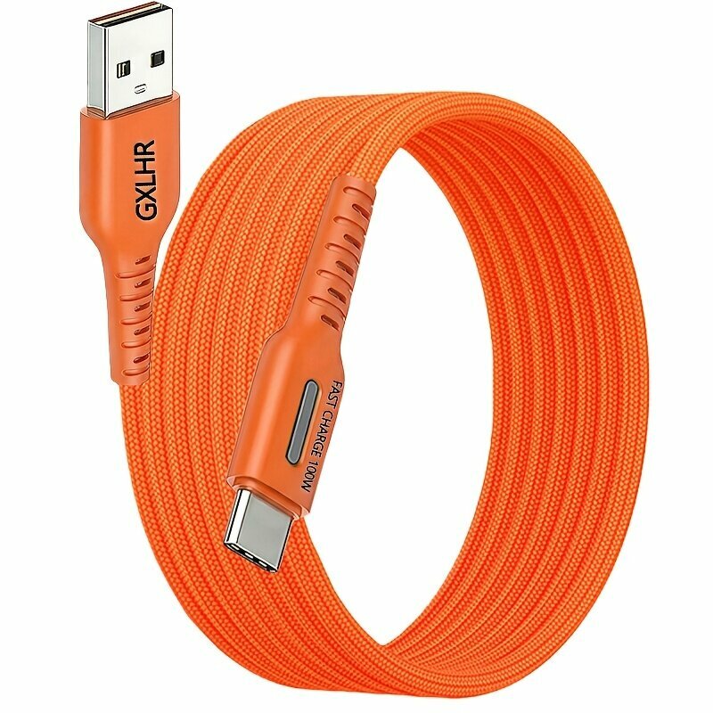Кабель USB-A – Type-C 100W быстрая зарядка, нейлоновая оплетка, 2 м, оранжевый, для iPhone 15/16/17, OnePlus, MacBook, Samsung S23/S22 Ultra, ноутбуков