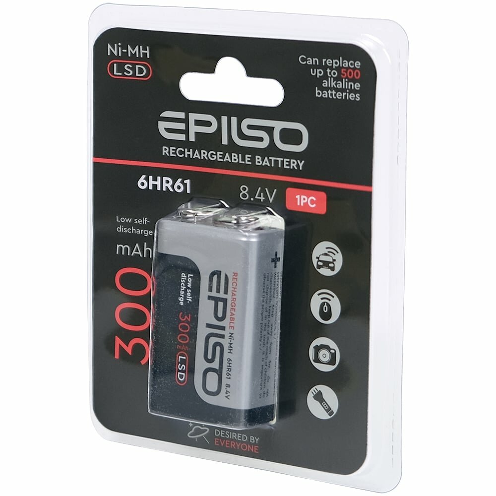 Никель-металл-гидридный аккумулятор Epilso (nimh) крона 6hr61 300mah 8.4v lsd EPB-6HR61-0.3-LSD